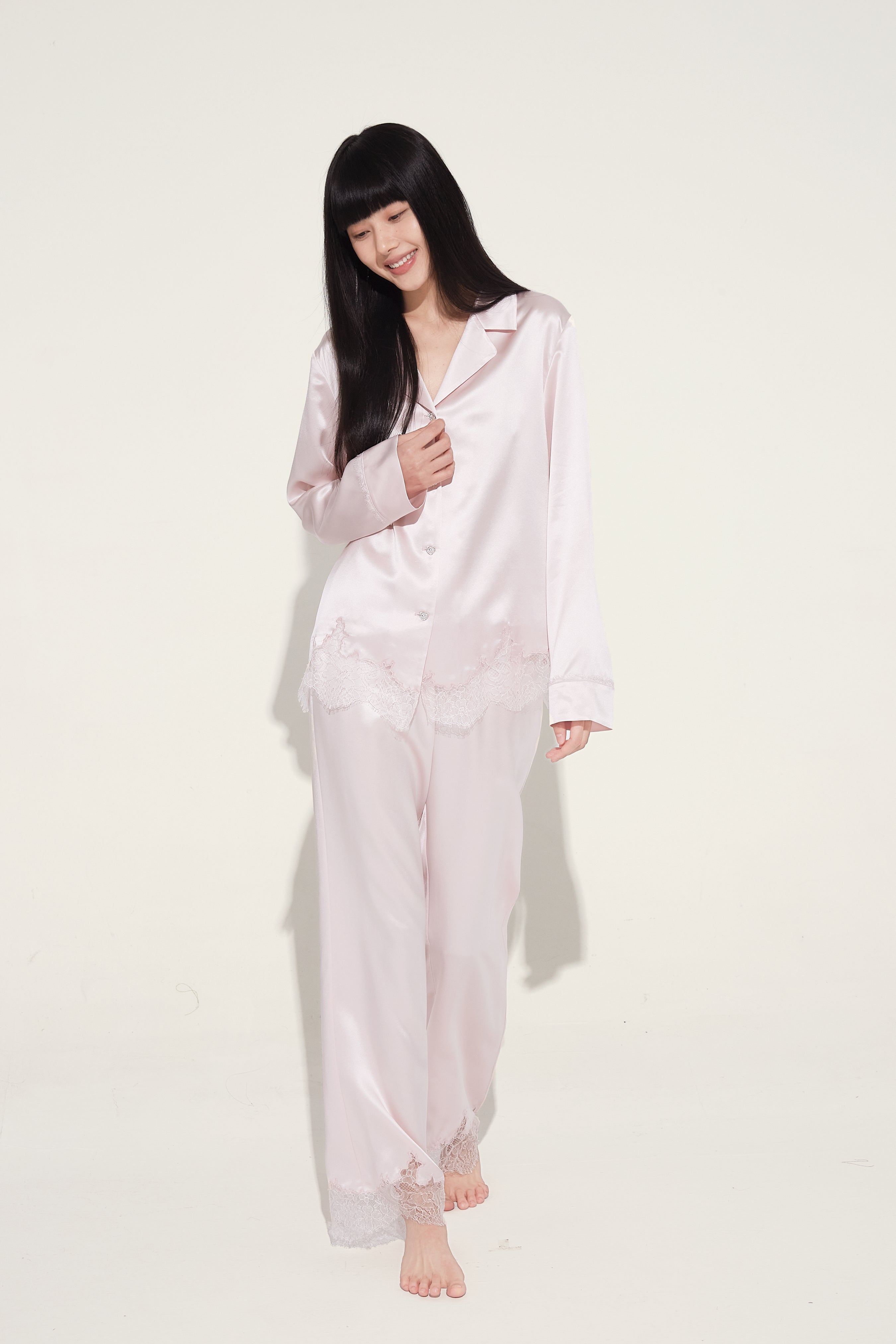 Shell Pink Lace and Silk Pyjama Set – Silky Miracle